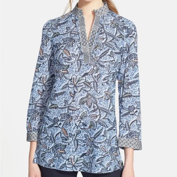 Tory Burch | Tops | Tory Burch Blue Paisley Stephanie Vneck Blouse 2 ...